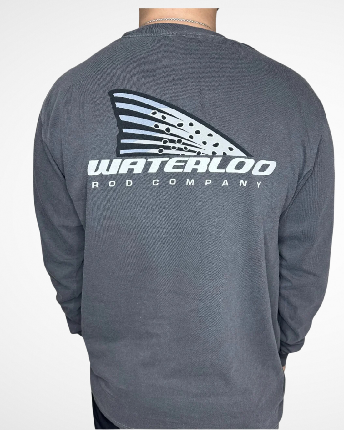 Waterloo Dark Grey Long Sleeve Cotton T-Shirt - Tails Up Trout Logo ...