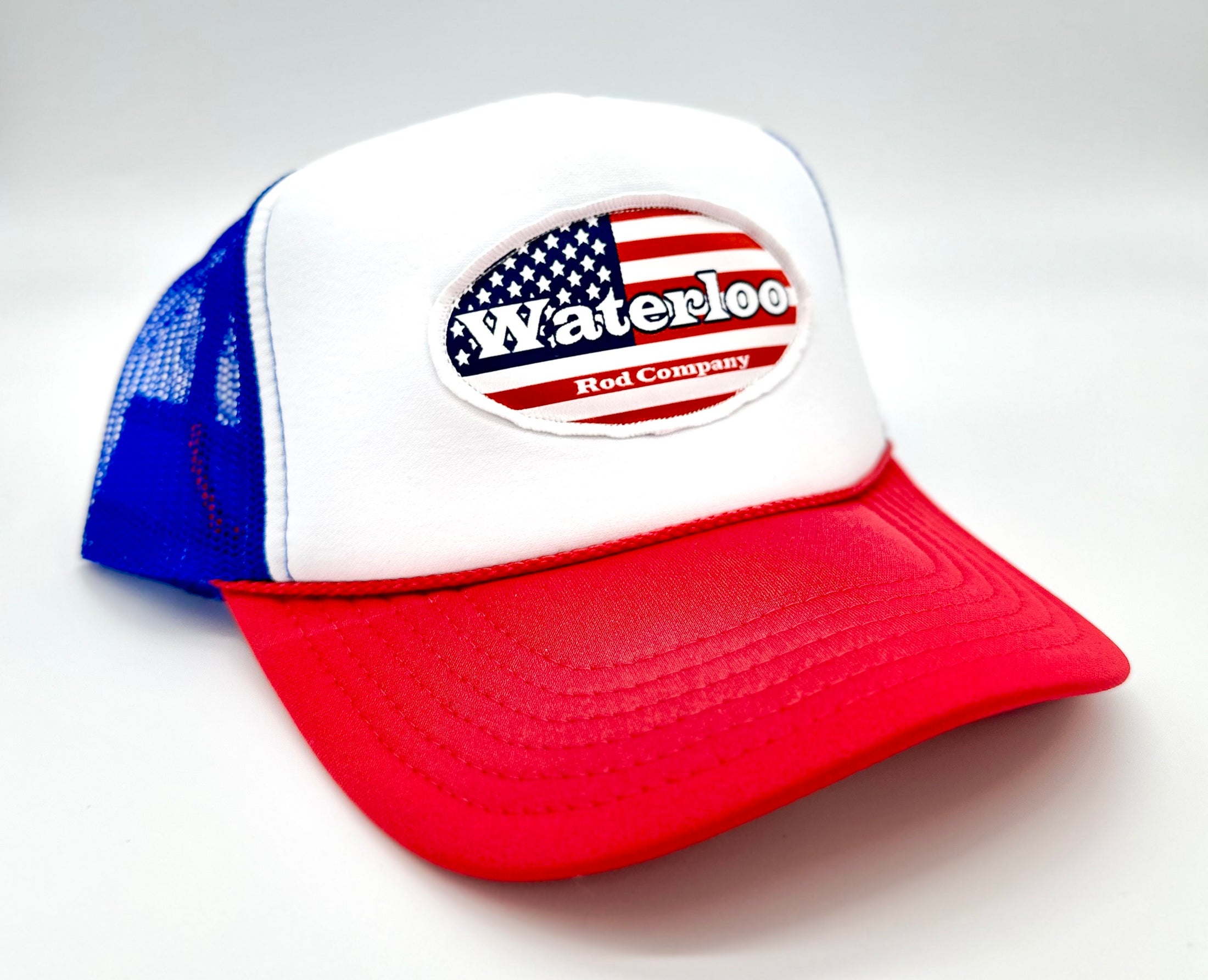 Waterloo Red, White, and Blue Foam Front Cap - Flag Patch – Waterloo Rods