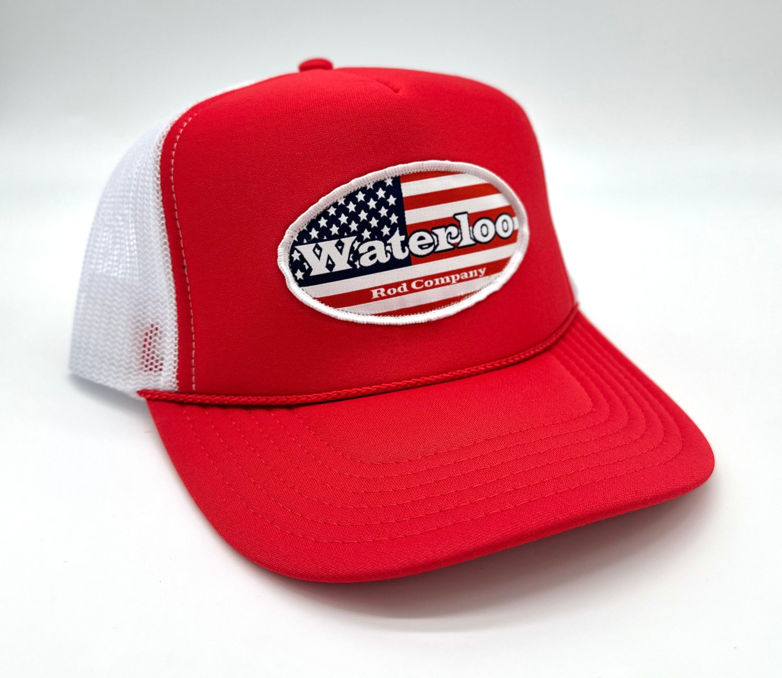 Waterloo Red and White Foam Front Cap - Flag Patch – Waterloo Rods